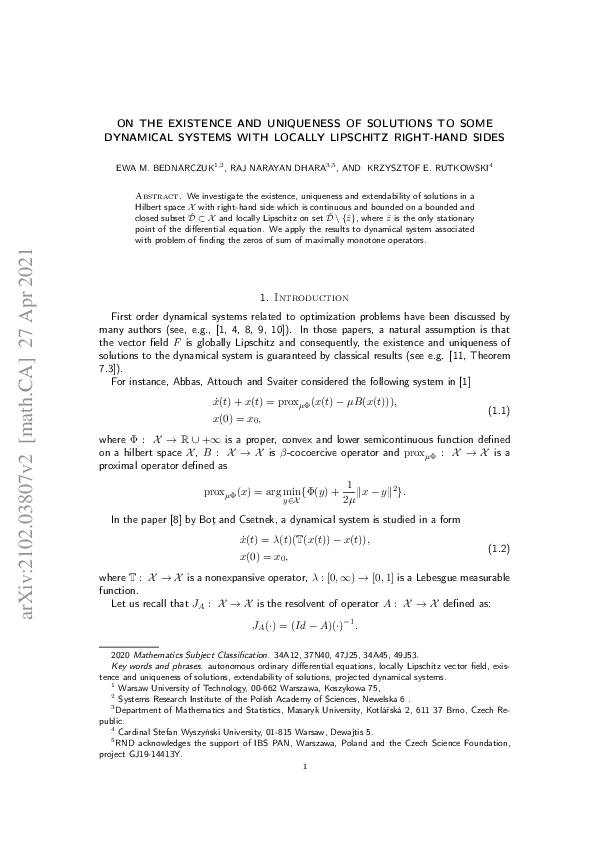 (PDF) On the Existence and Uniqueness of Solutions to Some Dynamical Systems with Locally ...