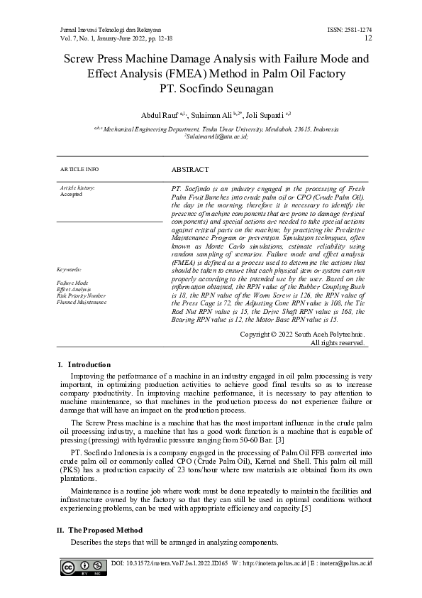 (PDF) Screw Press Machine Damage Analysis with Failure Mode and Effect ...