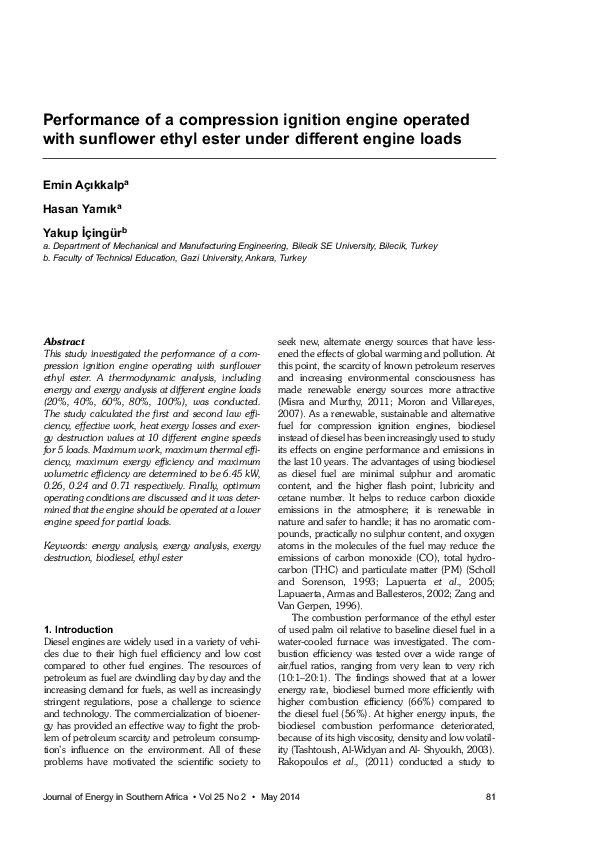 (PDF) Performance of a compression ignition engine operated with sunflower ethyl ester under ...