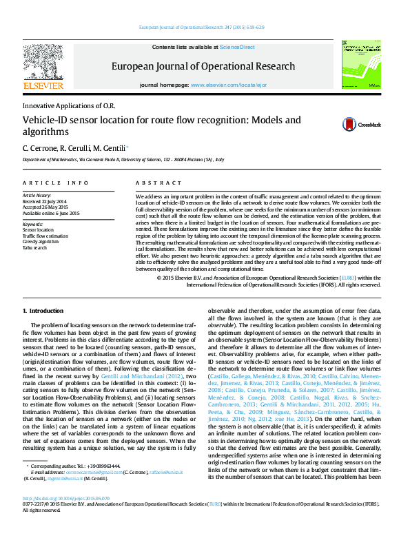 (PDF) Vehicle-ID sensor location for route flow recognition: Models and algorithms