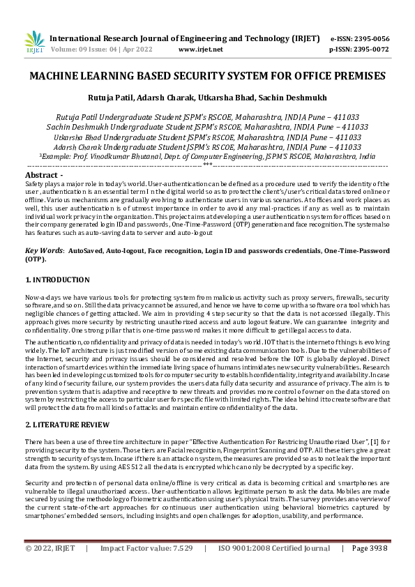 Pdf Machine Learning Based Security System For Office Premises Irjet Journal