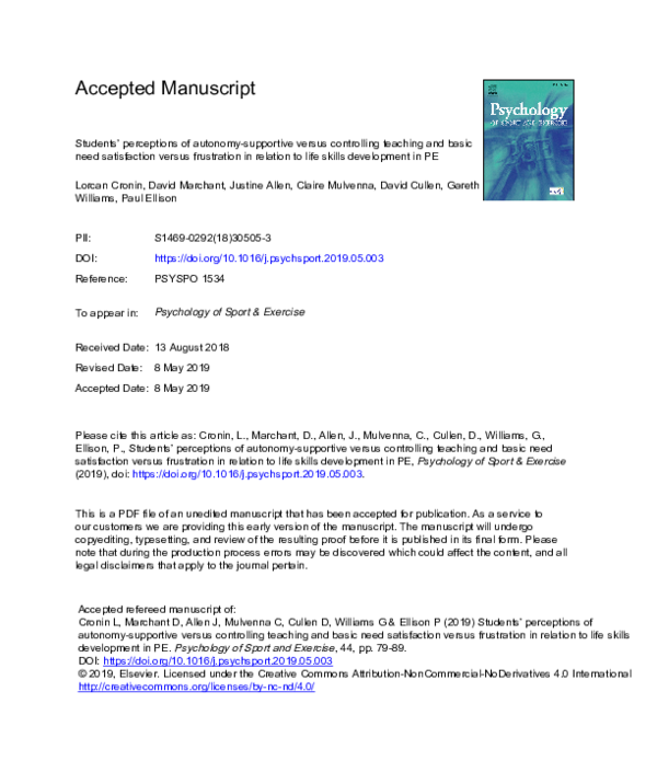 (PDF) Students’ perceptions of autonomy-supportive versus controlling teaching and basic need ...