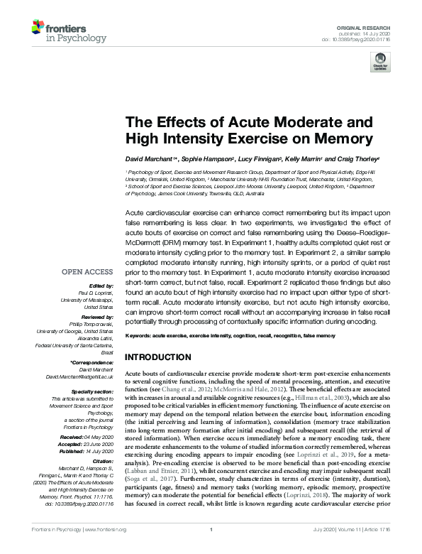 (PDF) The Effects of Acute Moderate and High Intensity Exercise on Memory