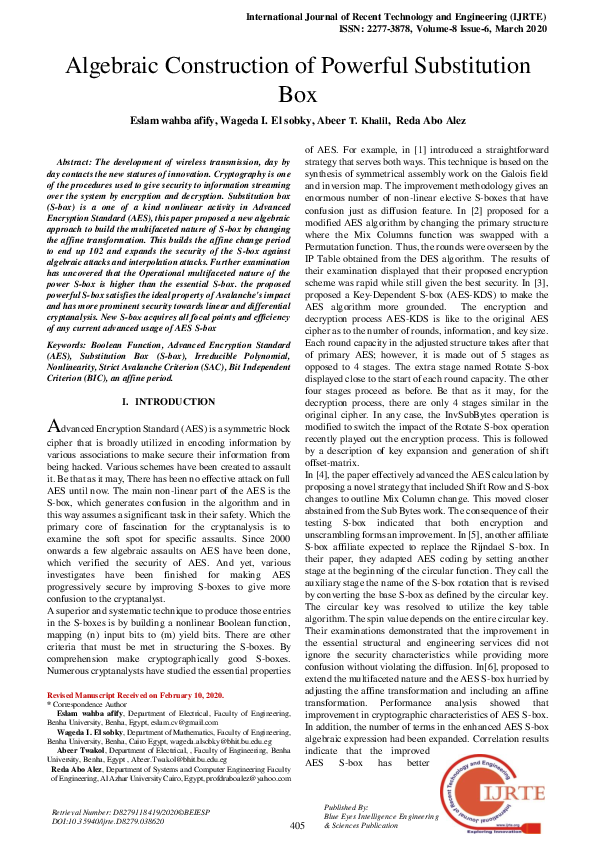(PDF) Algebraic Construction of Powerful Substitution Box