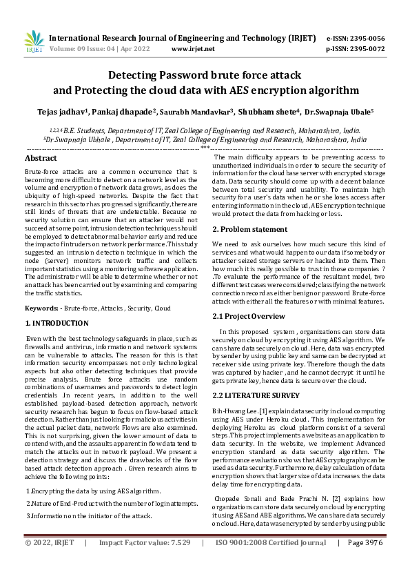 (PDF) Detecting Password brute force attack and Protecting the cloud data with AES encryption ...