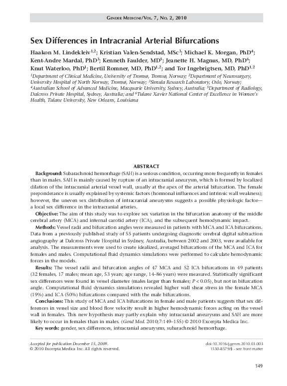 Pdf Sex Differences In Intracranial Arterial Bifurcations