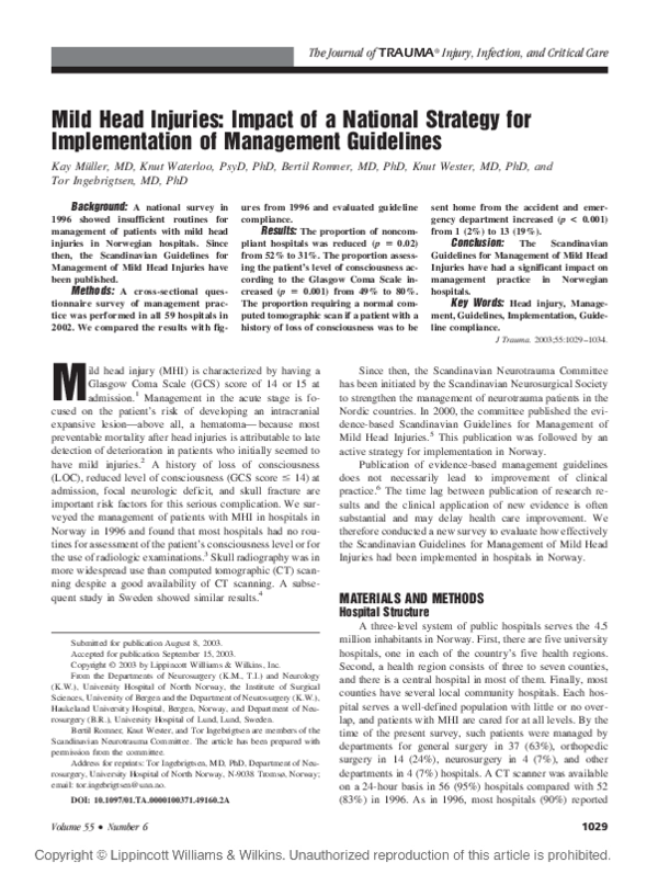 (PDF) Mild Head Injuries: Impact of a National Strategy for ...