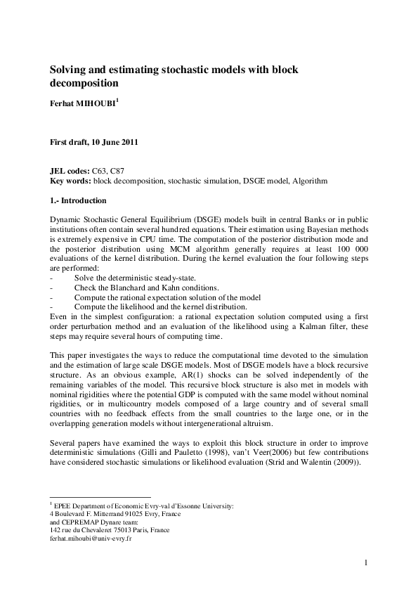 (PDF) Solving and estimating stochastic models with block decomposition