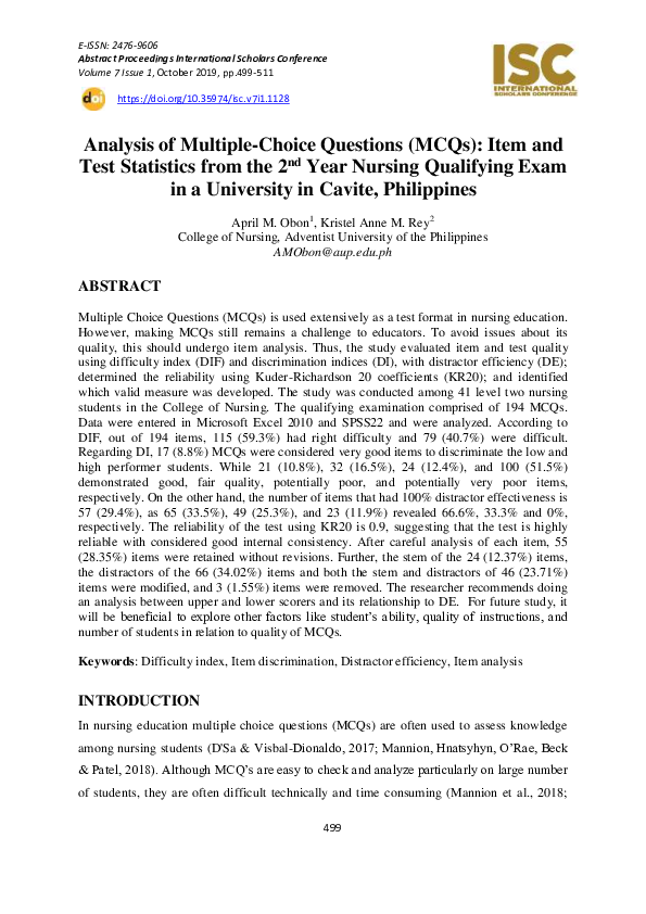 Pdf Analysis Of Multiple Choice Questions Mcqs Item And Test 0739