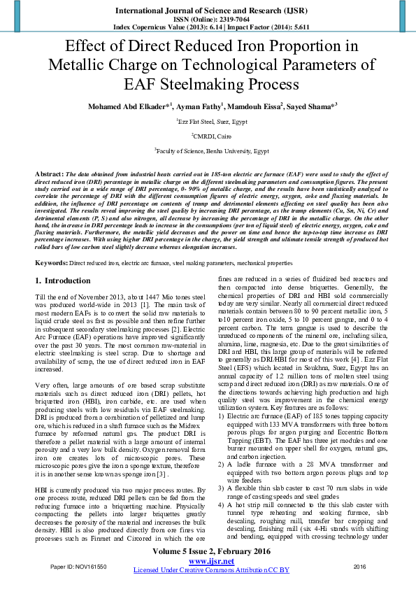 (PDF) Effect of Direct Reduced Iron Proportion in Metallic Charge on ...