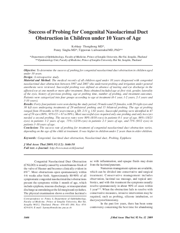 (PDF) Success of probing for congenital nasolacrimal duct obstruction ...