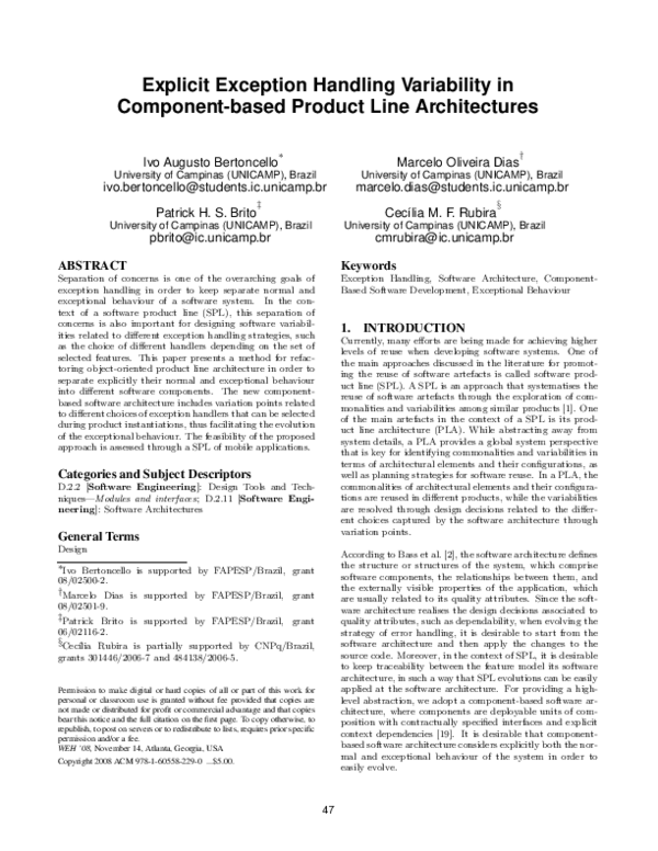 (PDF) Explicit exception handling variability in component-based product line architectures