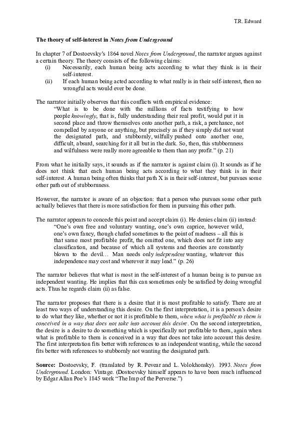 (PDF) The theory of self-interest in Notes from Underground | Terence ...