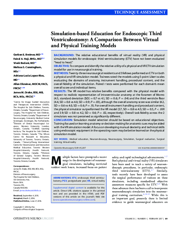 (PDF) Simulation-based Education for Endoscopic Third Ventriculostomy: A Comparison Between ...