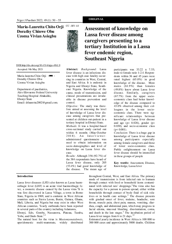 (PDF) Assessment of knowledge on Lassa fever disease among caregivers ...