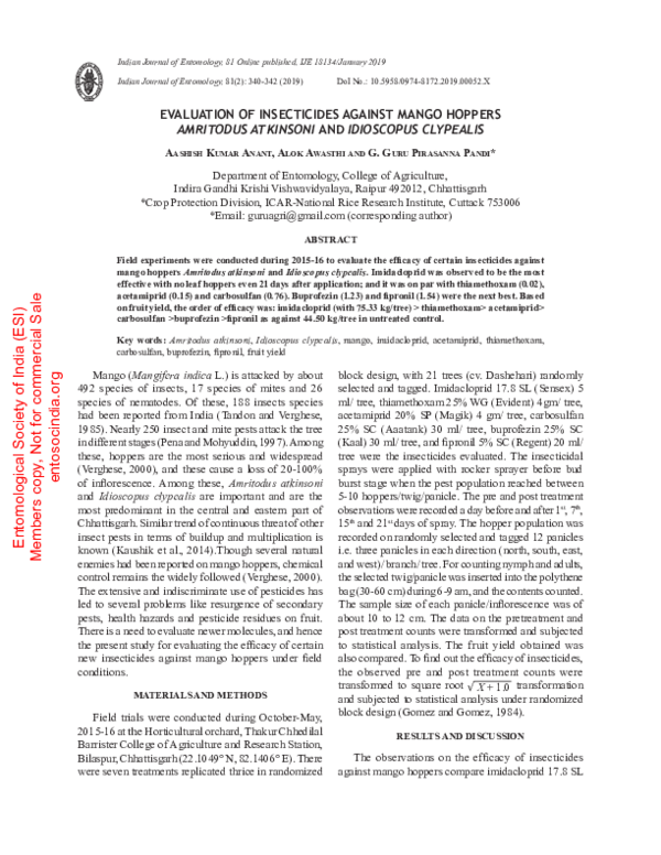 (PDF) EVALUATION OF INSECTICIDES AGAINST MANGO HOPPERS AMRITODUS ...