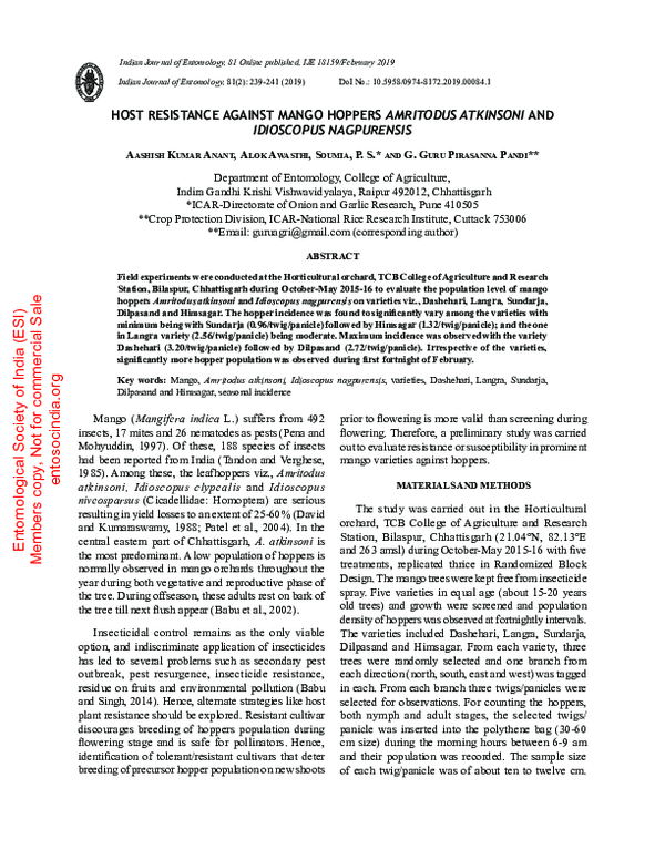 (PDF) MangHOST RESISTANCE AGAINST MANGO HOPPERS AMRITODUS ATKINSONI AND ...