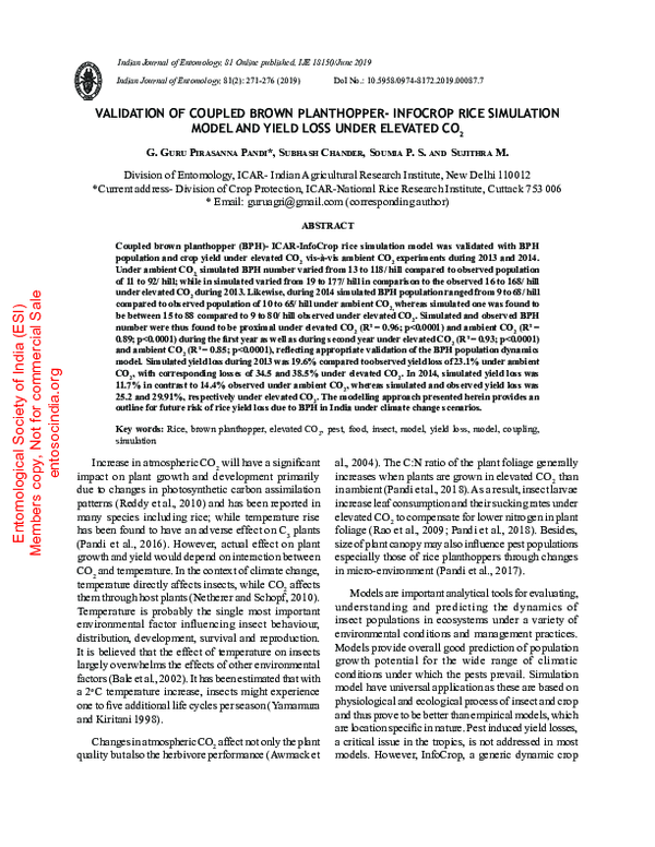 (PDF) VALIDATION OF COUPLED BROWN PLANTHOPPER-INFOCROP RICE SIMULATION MODEL AND YIELD LOSS ...