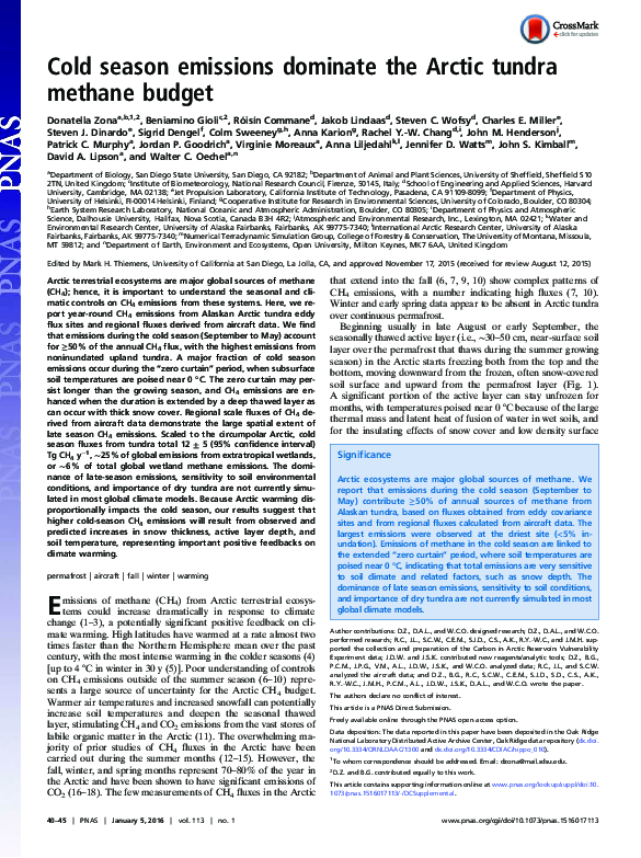 (PDF) Cold season emissions dominate the Arctic tundra methane budget