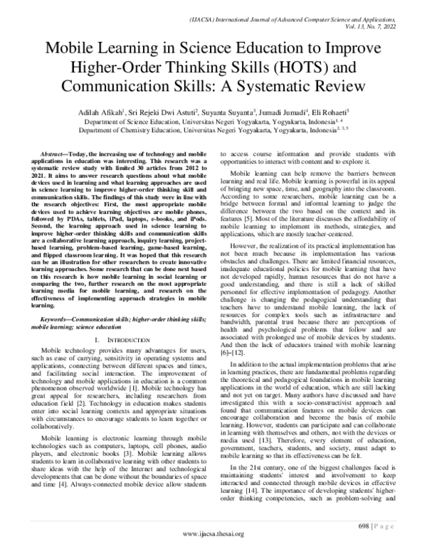 Pdf Mobile Learning In Science Education To Improve Higher Order Thinking Skills Hots And