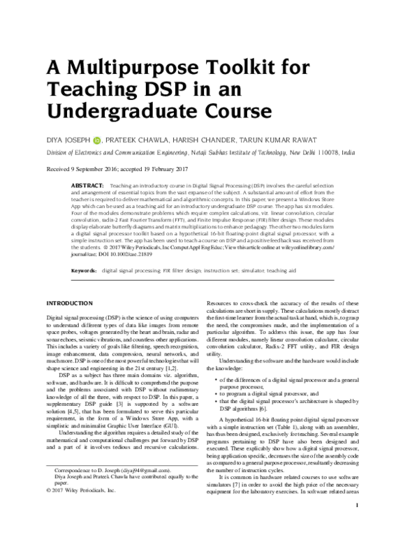(PDF) A multipurpose toolkit for teaching DSP in an undergraduate course | Diya Joseph ...