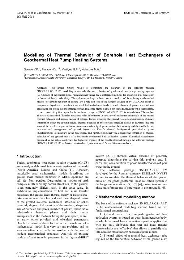 (PDF) Modelling of Thermal Behavior of Borehole Heat Exchangers of ...