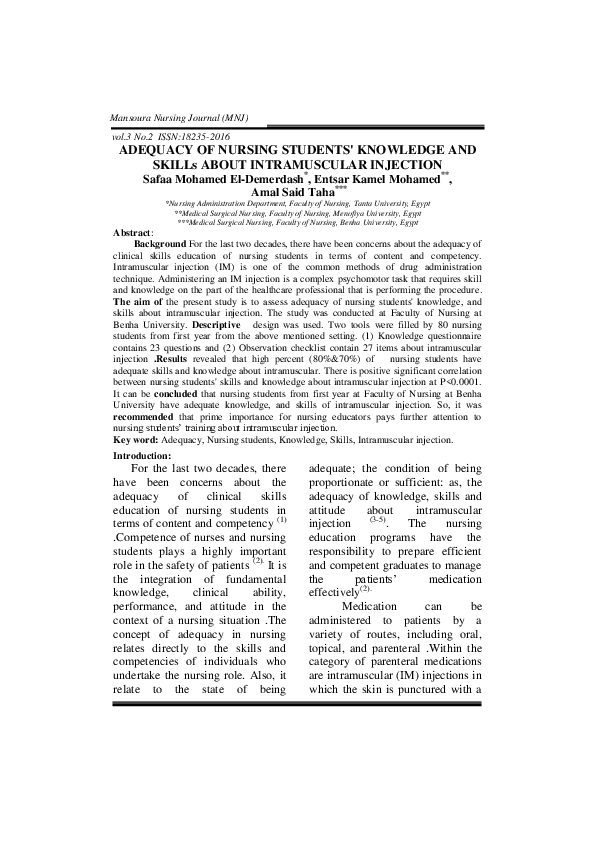 (PDF) ADEQUACY OF NURSING STUDENTS' KNOWLEDGE AND SKILLs ABOUT ...