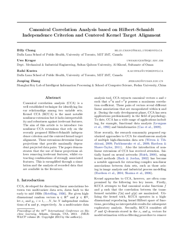 Pdf Canonical Correlation Analysis Based On Hilbert Schmidt Independence Criterion And 