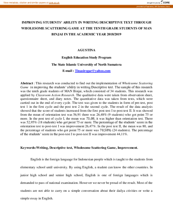 Improving Students' Ability in Writing Descriptive Texts through Gallery Walk Technique