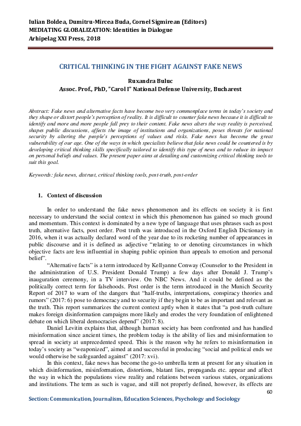 (PDF) Critical Thinking in the Fight Against Fake News | Buluc Ruxandra ...