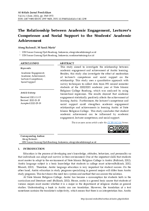 (PDF) The Relationship between Academic Engagement, Lecturer’s Competence and Social Support to ...