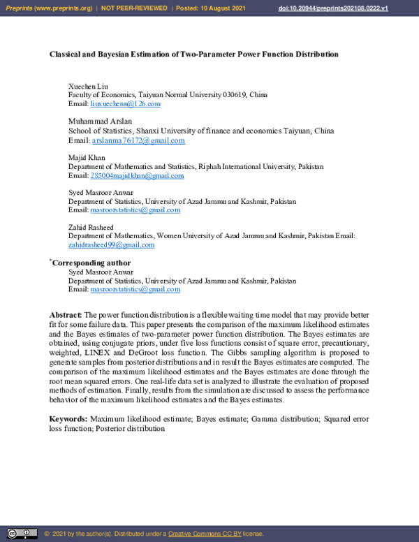 Pdf Classical And Bayesian Estimation Of Two Parameter Power Function 6139