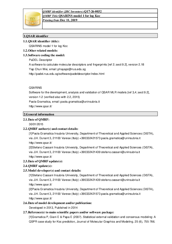 (PDF) QSARINS model 1 for log Koc | Paola Gramatica - Academia.edu