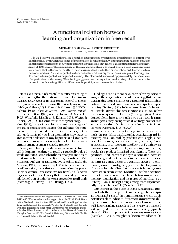 (PDF) A functional relation between learning and organization in free ...