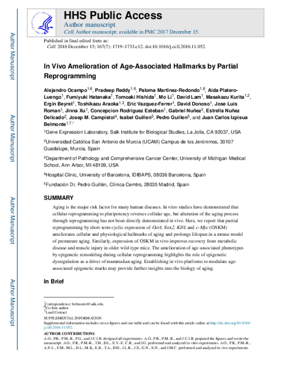 (PDF) In Vivo Amelioration of Age-Associated Hallmarks by Partial ...