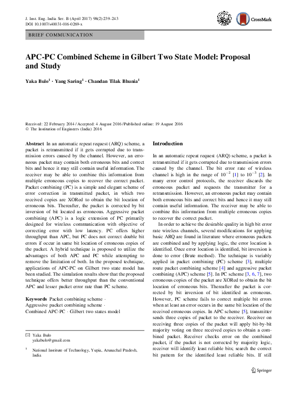(PDF) APC-PC Combined Scheme in Gilbert Two State Model: Proposal and Study