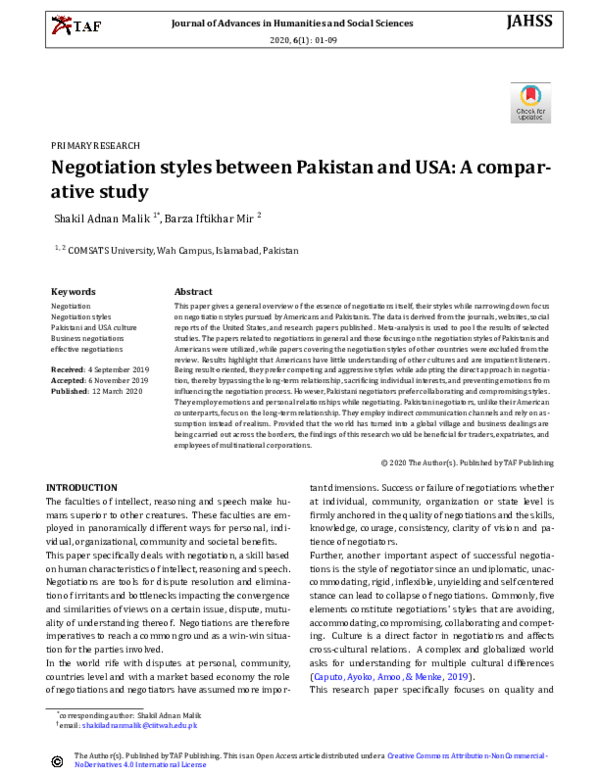 (PDF) Negotiation styles between Pakistan and USA: A comparative study