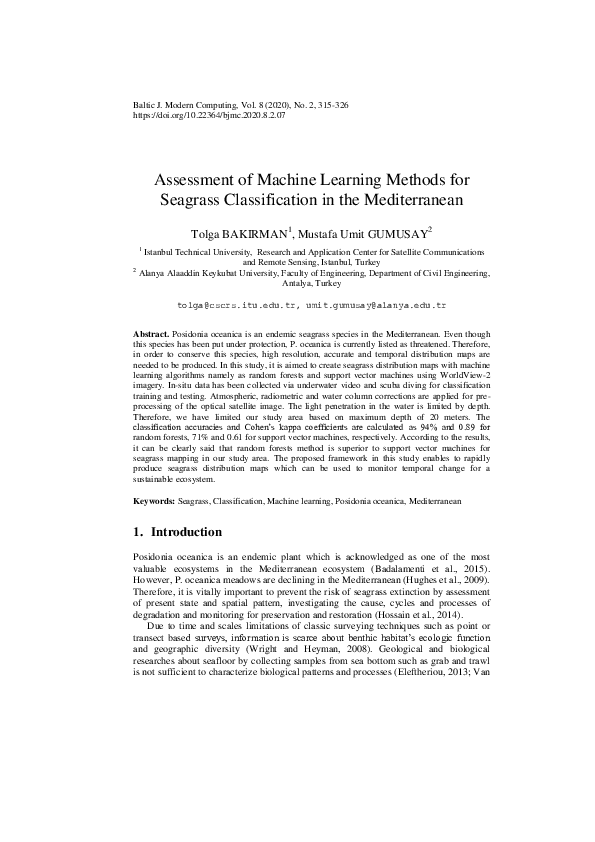 (PDF) Assessment of Machine Learning Methods for Seagrass Classification in the Mediterranean