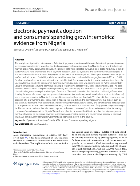 (PDF) Electronic payment adoption and consumers’ spending growth: empirical evidence from Nigeria