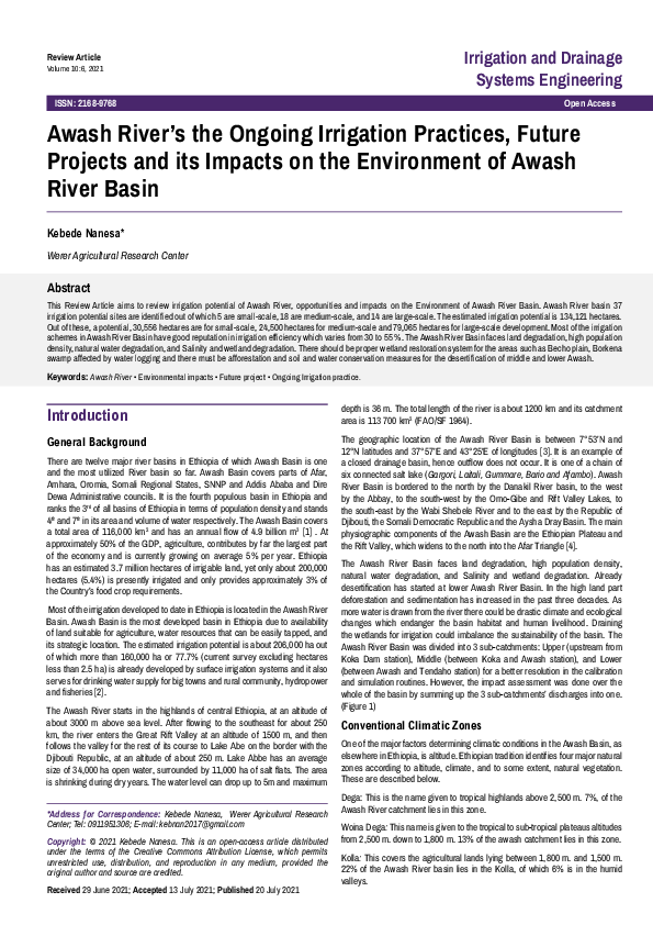 (PDF) Awash River???s the Ongoing Irrigation Practices, Future Projects ...