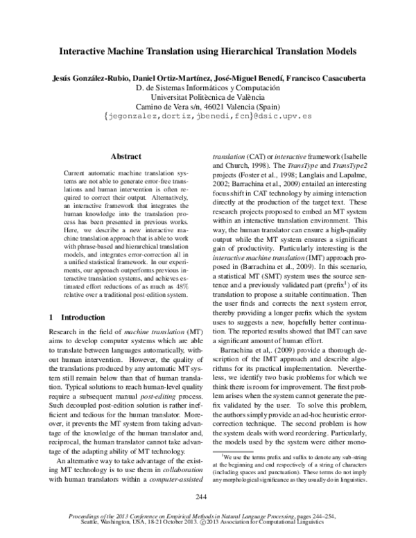 (PDF) Interactive Machine Translation using Hierarchical Translation Models