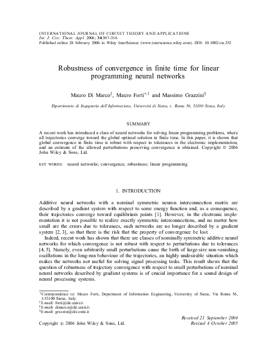 Pdf Robustness Of Convergence In Finite Time For Linear Programming Neural Networks