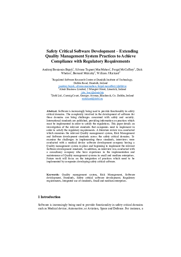 Pdf Safety Critical Software Development Extending Quality Management System Practices To