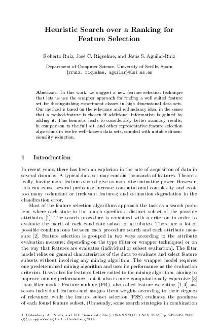 (PDF) Heuristic Search over a Ranking for Feature Selection
