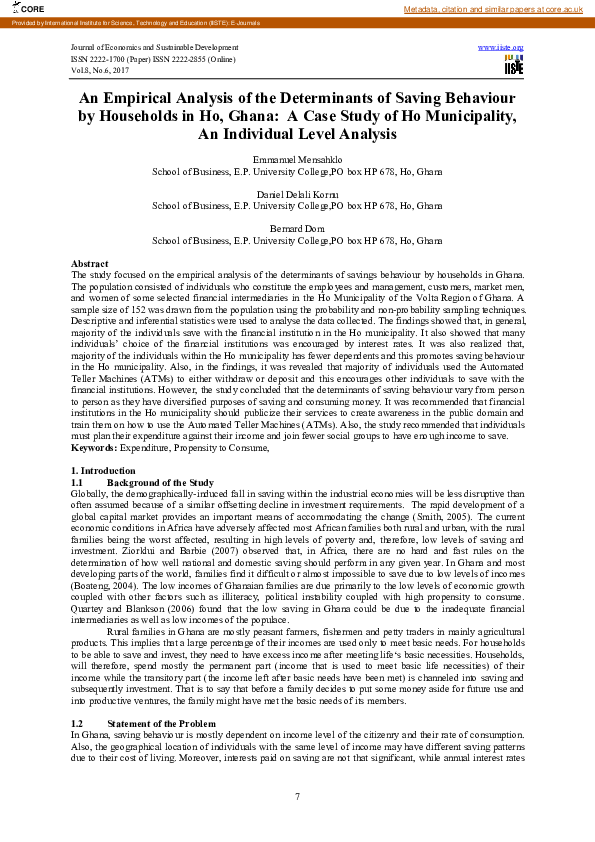 (PDF) An Empirical Analysis of the Determinants of Saving Behaviour by Households in Ho, Ghana ...