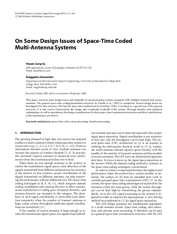 Pdf On Some Design Issues Of Space Time Coded Multi Antenna Systems 