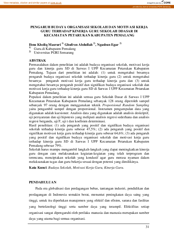 (PDF) Pengaruh Budaya Organisasi Sekolah Dan Motivasi Kerja Guru Terhadap Kinerja Guru Sekolah ...