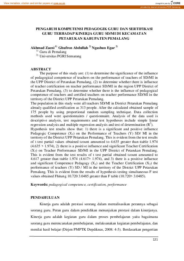 (PDF) Pengaruh Kompetensi Pedagogik Guru Dan Sertifikasi Guru Terhadap Kinerja Guru SD/MI DI ...