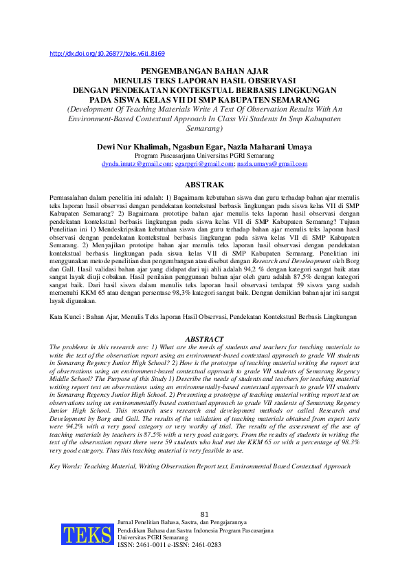 (PDF) Pengembangan Bahan Ajar Menulis Teks Laporan Hasil Observasi Dengan Pendekatan Kontekstual ...