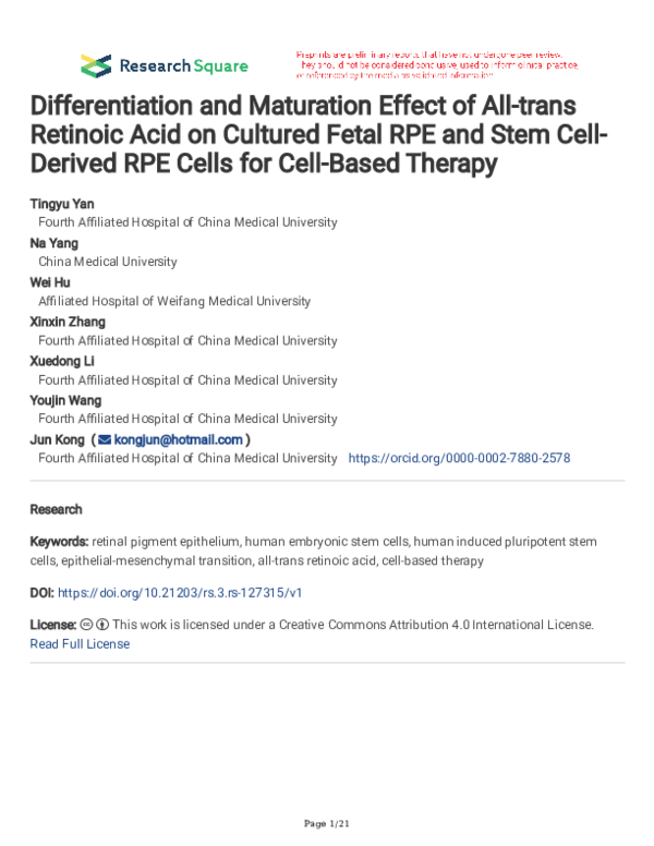 (PDF) ATRA Effects on Differentiation of RPE Cells for Therapy